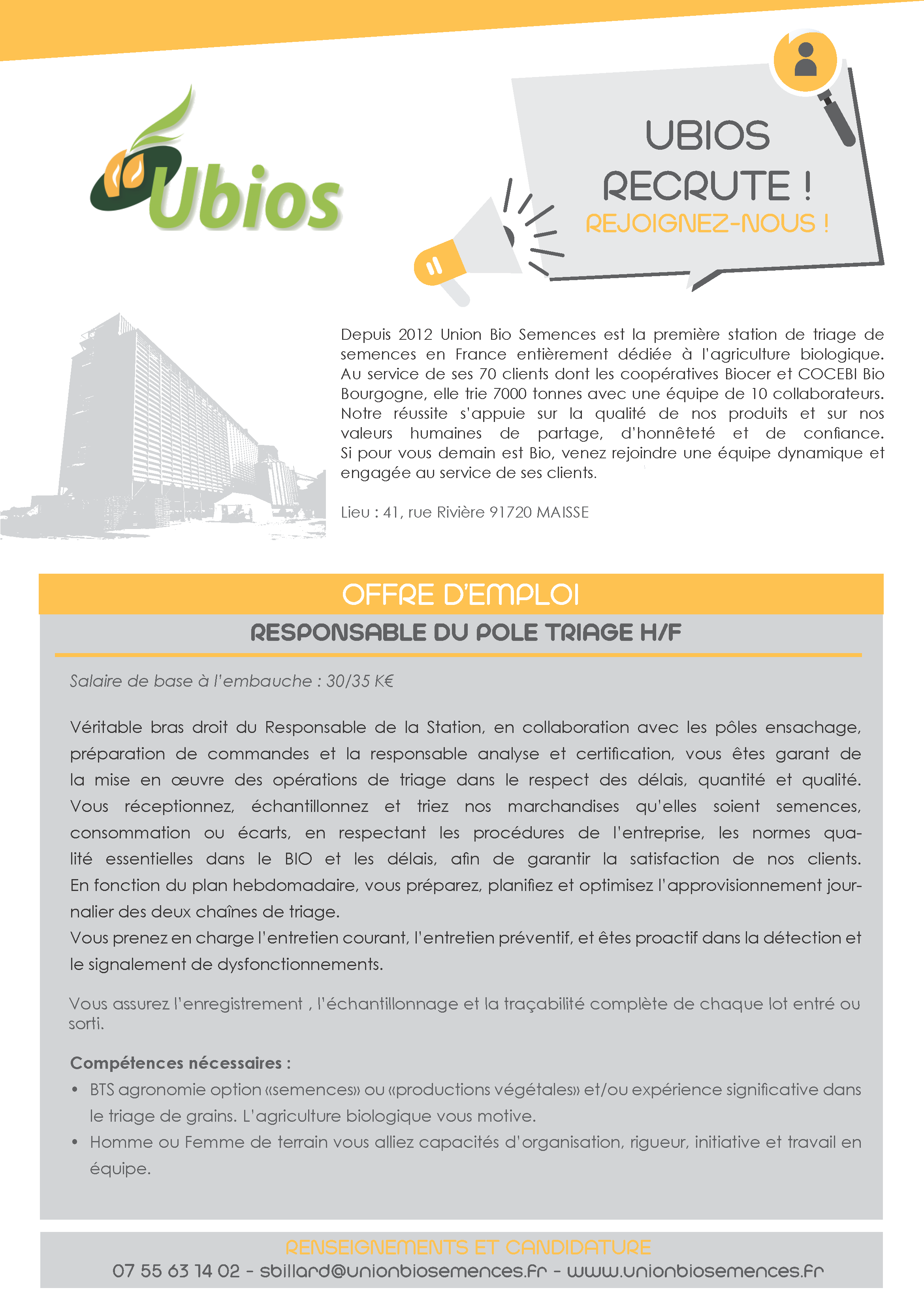 [Offre d'emploi] - UBIOS - Union bio semences
